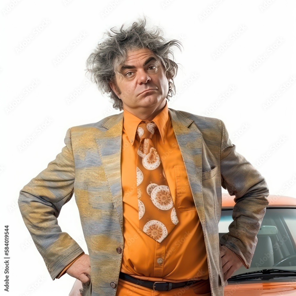 Used car salesman in cheap suit standing in front of car, auto ...