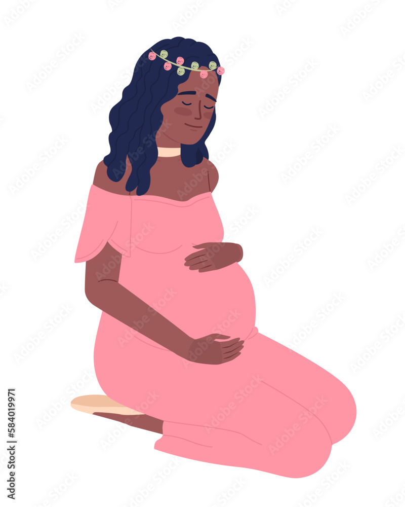 Expectant Mother Carefully Hugging Belly Semi Flat Color Vector Character Editable Figure Full