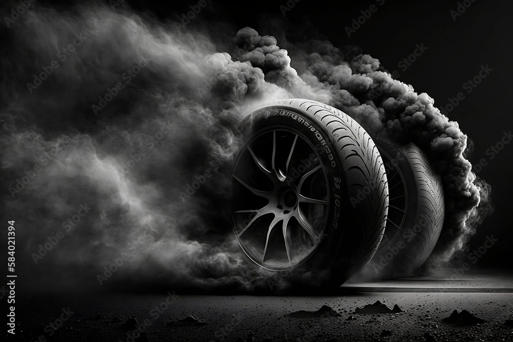 Perspective of hot tyres leaving a trail of smoke behind, Created using ...