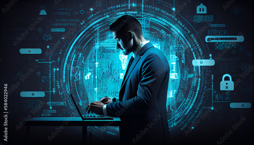 Cyber security system, data protection, digital technology. Businessman ...