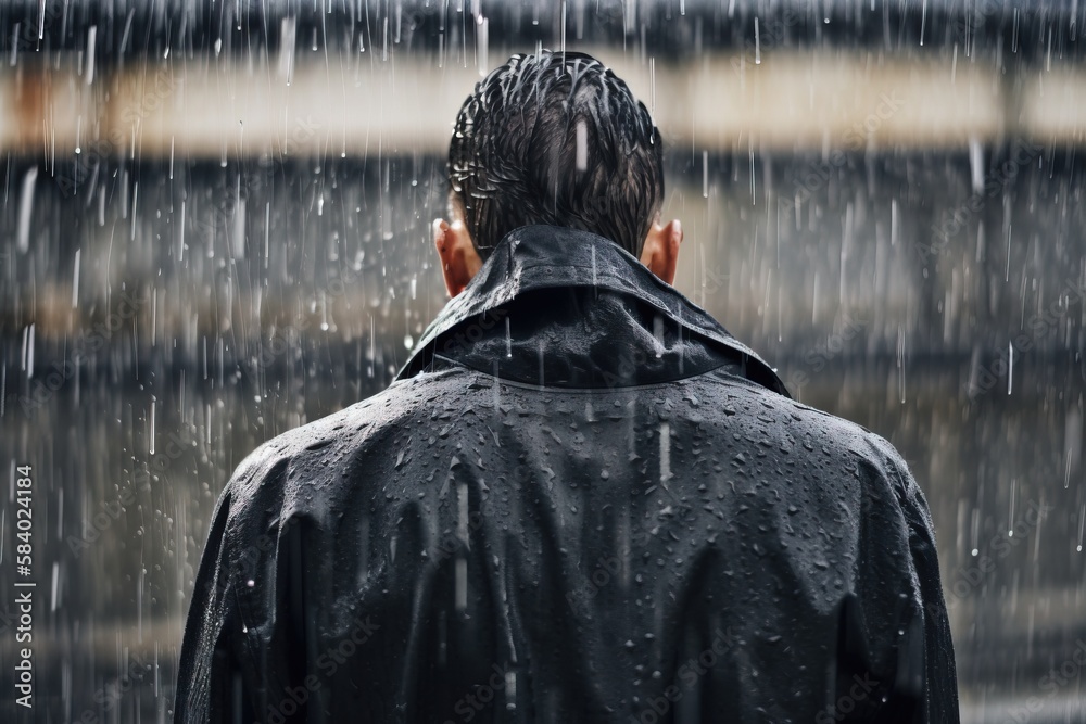 a man standing in the rain with his back to the camera, looking at the ...