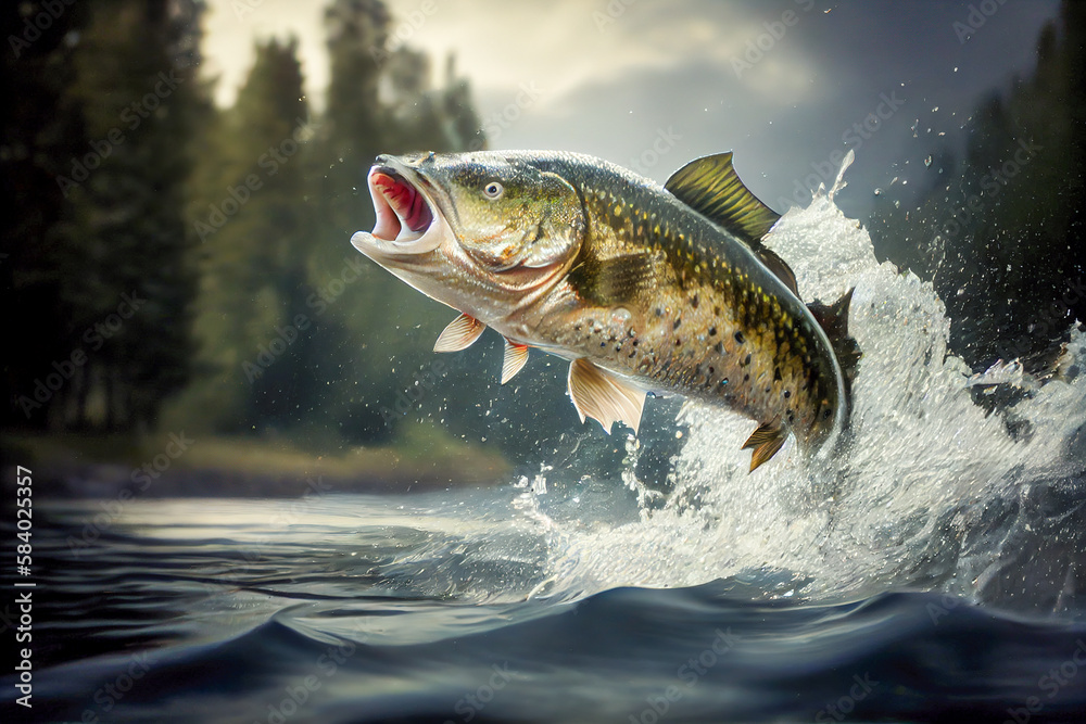bass fish jumping out of river water. Generative AI, Generative, AI ...