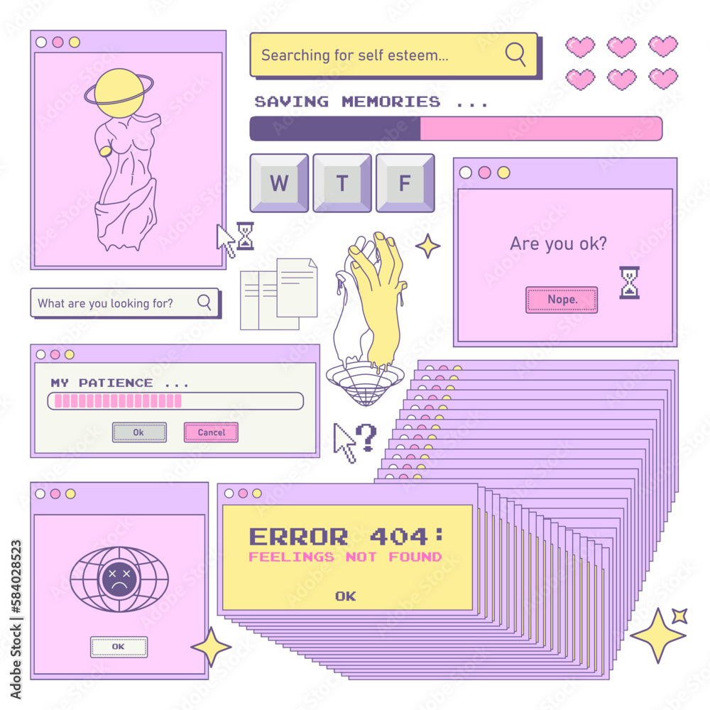 Trendy y2k sticker set. Old computer aesthetic.Retro user interface windows, errors and ...