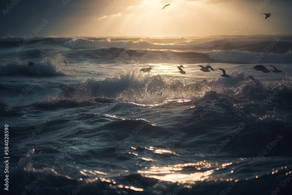 a flock of birds flying over a body of water under a sunlit sky with ...