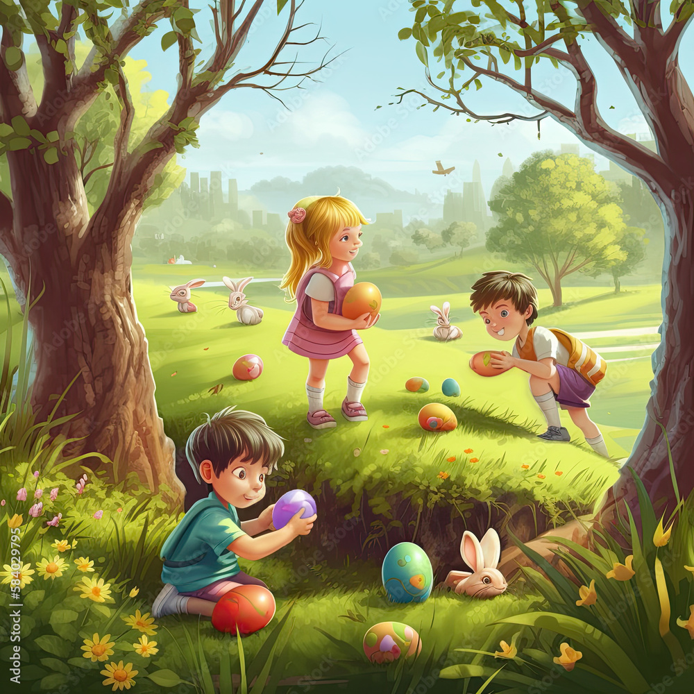 Vector Cartoon of Kids on Easter Egg Hunt - Generative AI Vector ...