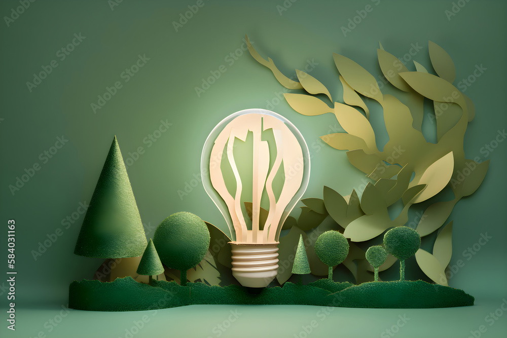 Paper cut of light bulb with eco city on a green background, Save ...