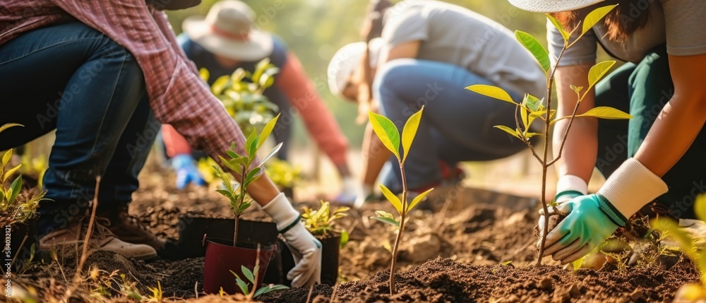 people planting in an organic garden, with a sense of community and ...