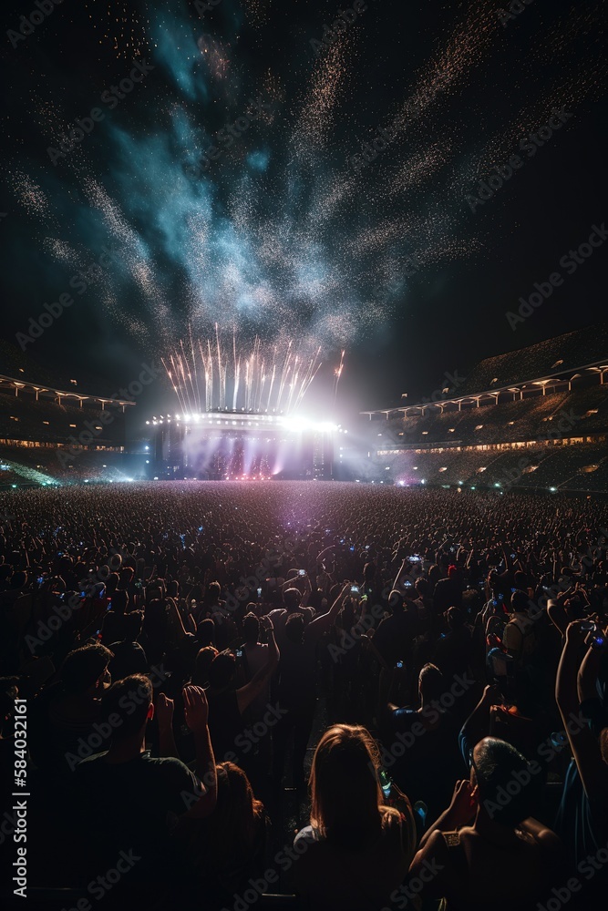Mega concert of famous band in big stadium with lighting effects ...
