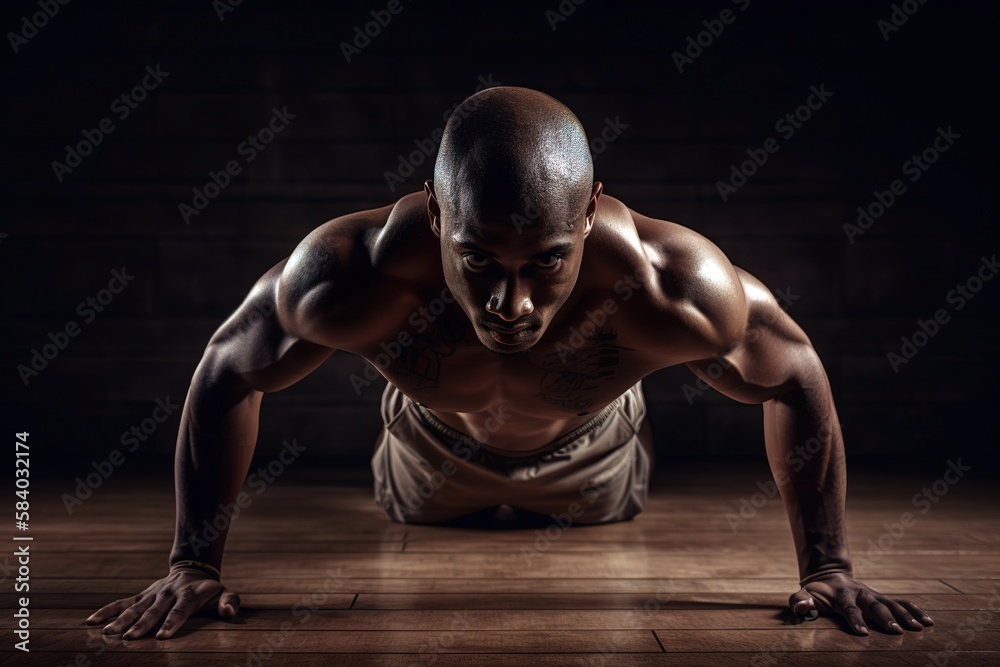 Brown skinned body build man doing push ups over dark background ...