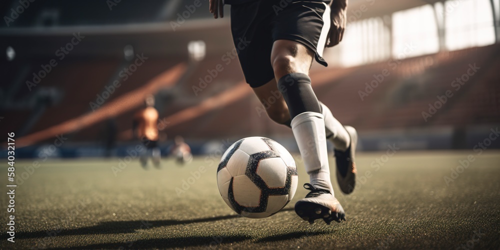 Legs shot of soccer player training in sports field. Copy space for ...