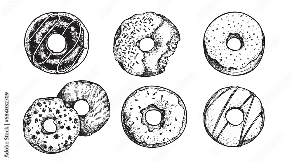 Hand drawn sketch style tasty donuts set. Sweet desserts collection ...