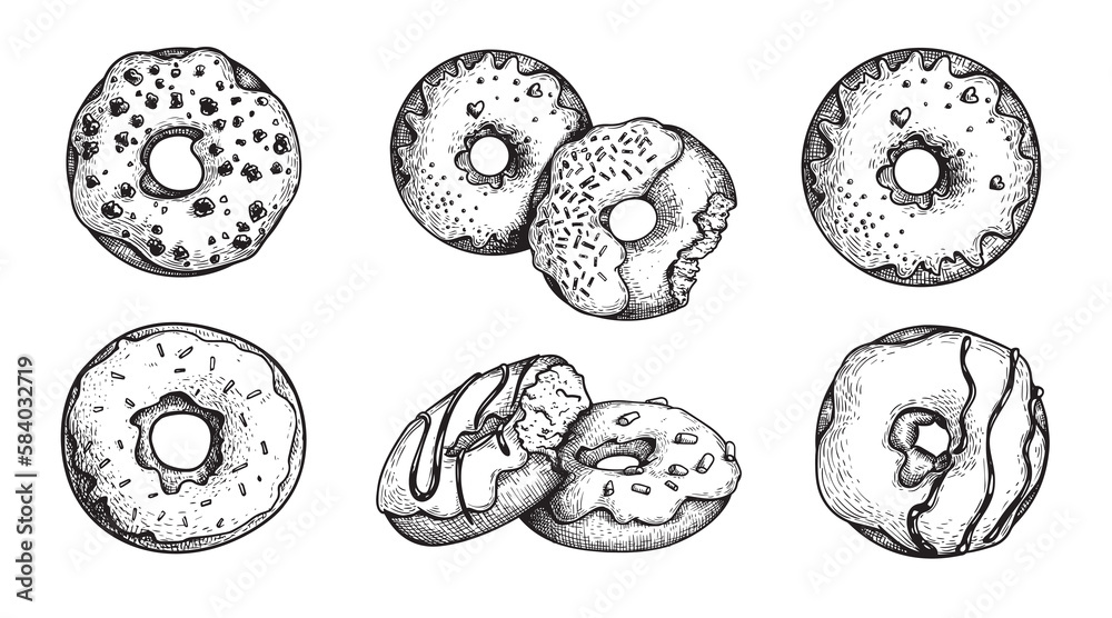 Hand drawn sketch style tasty donuts set. Sweet desserts collection ...