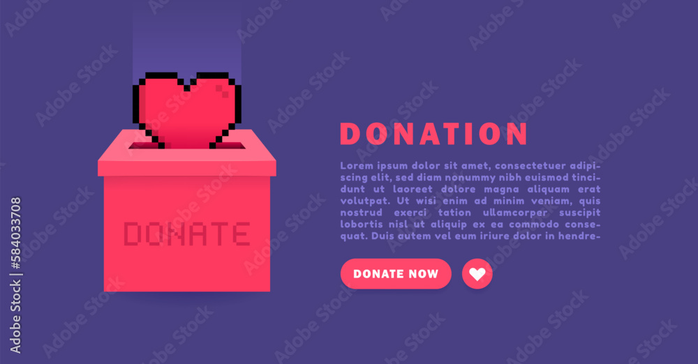 Donation and charity web banner design concept. 8 bit pixel heart in ...
