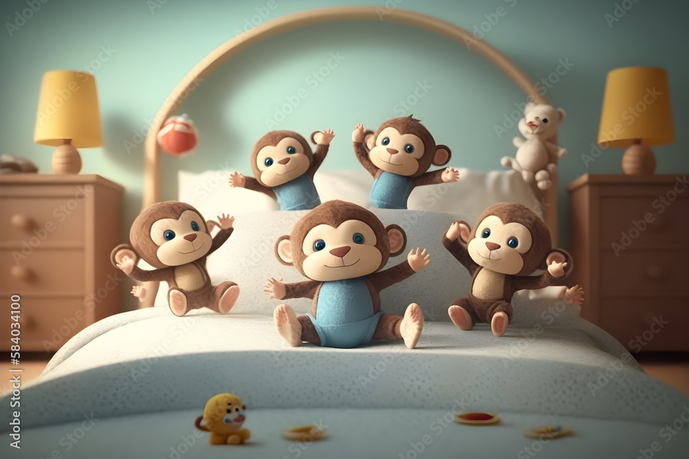 Five little monkey jumping on a bed, cute cartoon characters, ai ...