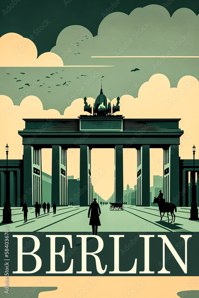 Historical poster of 1950s Berlin featuring the iconic Brandenburg Gate ...