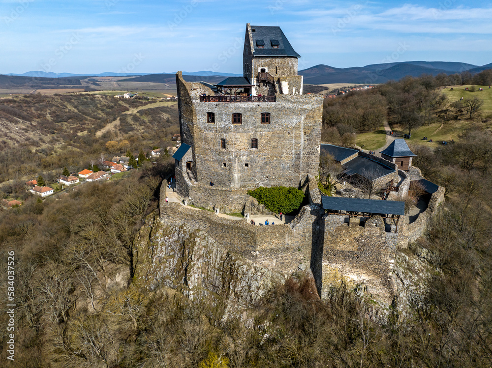 Aerial view of medieval ruined Holloko castle, UNESCO world heritage ...