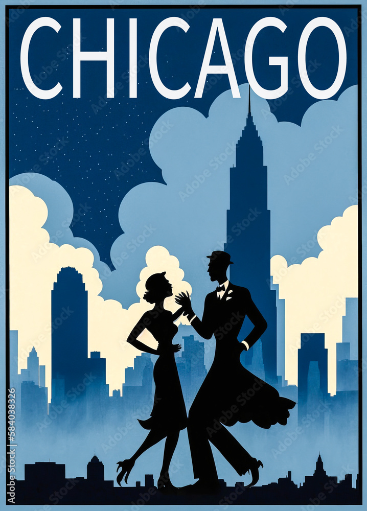 Art deco poster of iconic Chicago skyline featuring a couple dancing in ...