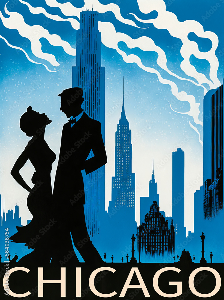 1920's Chicago poster featuring a dancing couple against iconic city ...