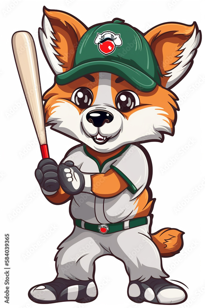 Funny wolf cub in a baseball uniform with a bat in his paw looks ...