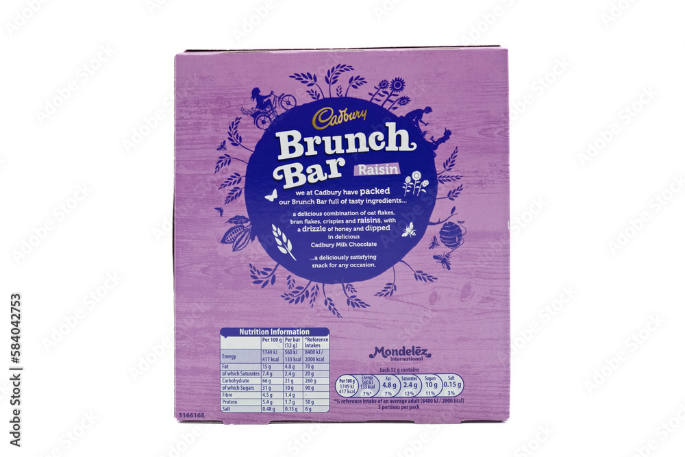 Cadbury branded chocolate raisin brunch bar in a cardboard box that is ...