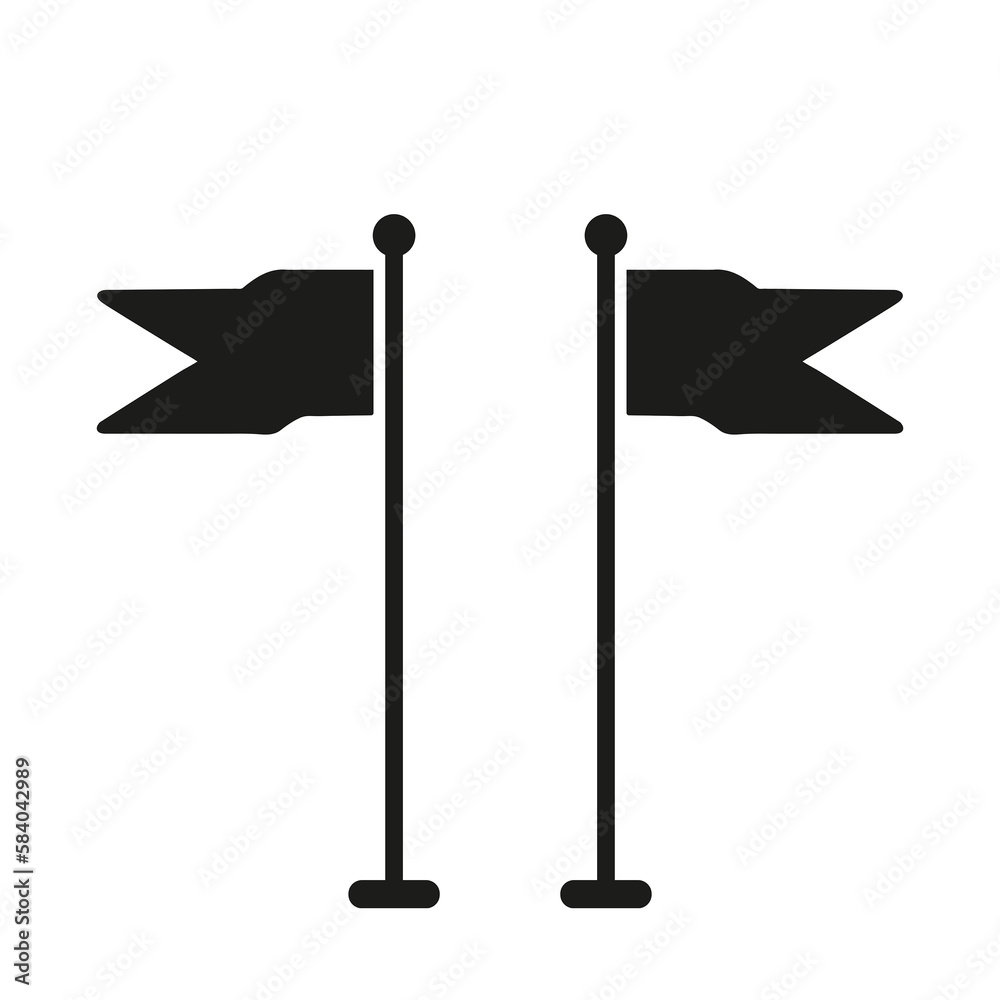 Banderín negro sobre un fondo blanco liso y aislado. Vista de frente y ...