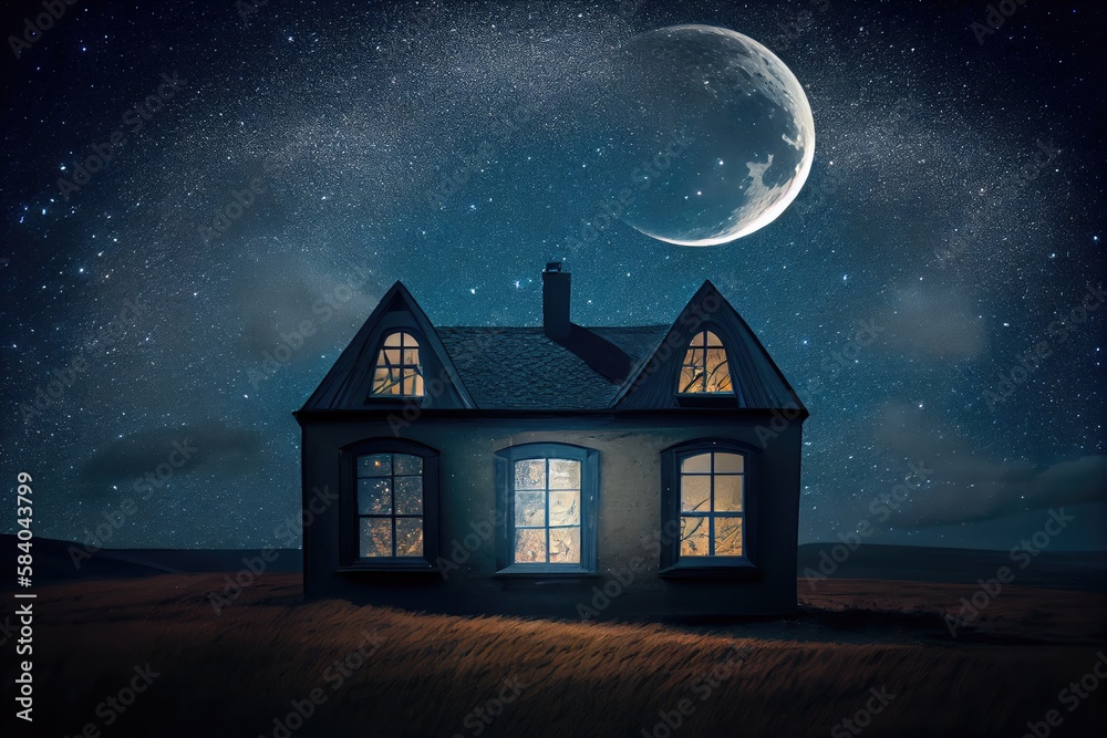 house, with view of the starry night sky and moon visible through the ...