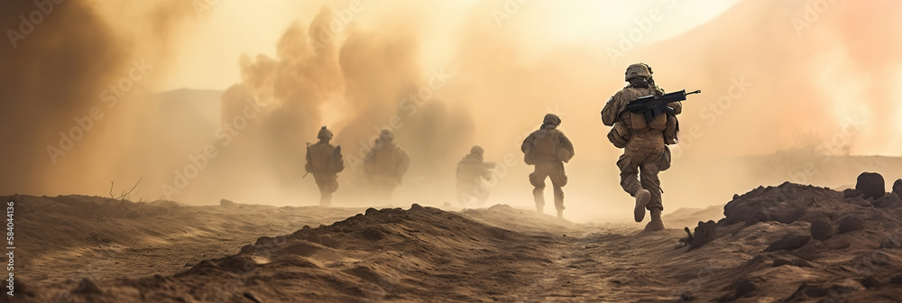 Special forces soldiers crossing the battlefield, fire and smoke in the ...