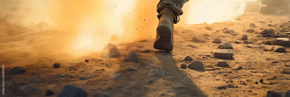 Special forces soldier crosses the battlefield, fire and smoke in the ...