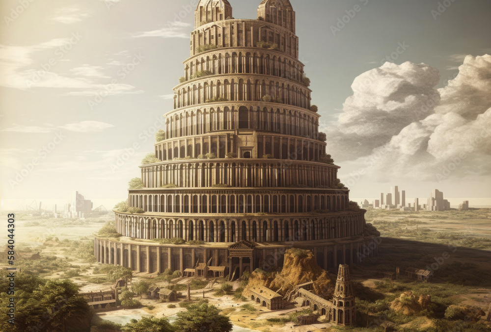 Ancient city of Babylon with the tower of Babel, bible and religion. AI ...