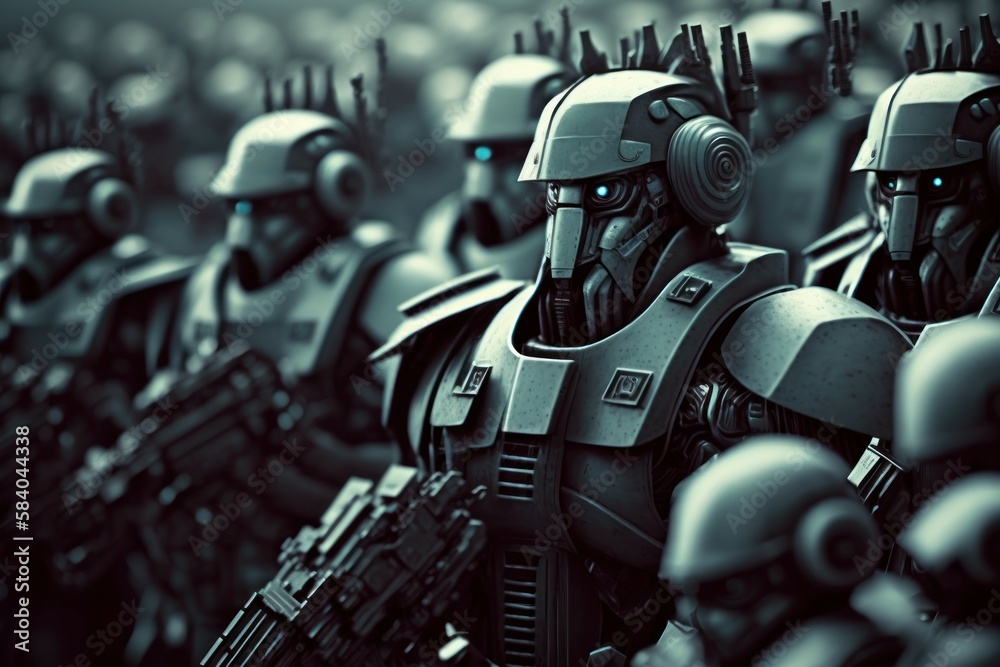 Army of metal cyborg robots, selective focus. AI generated, human ...