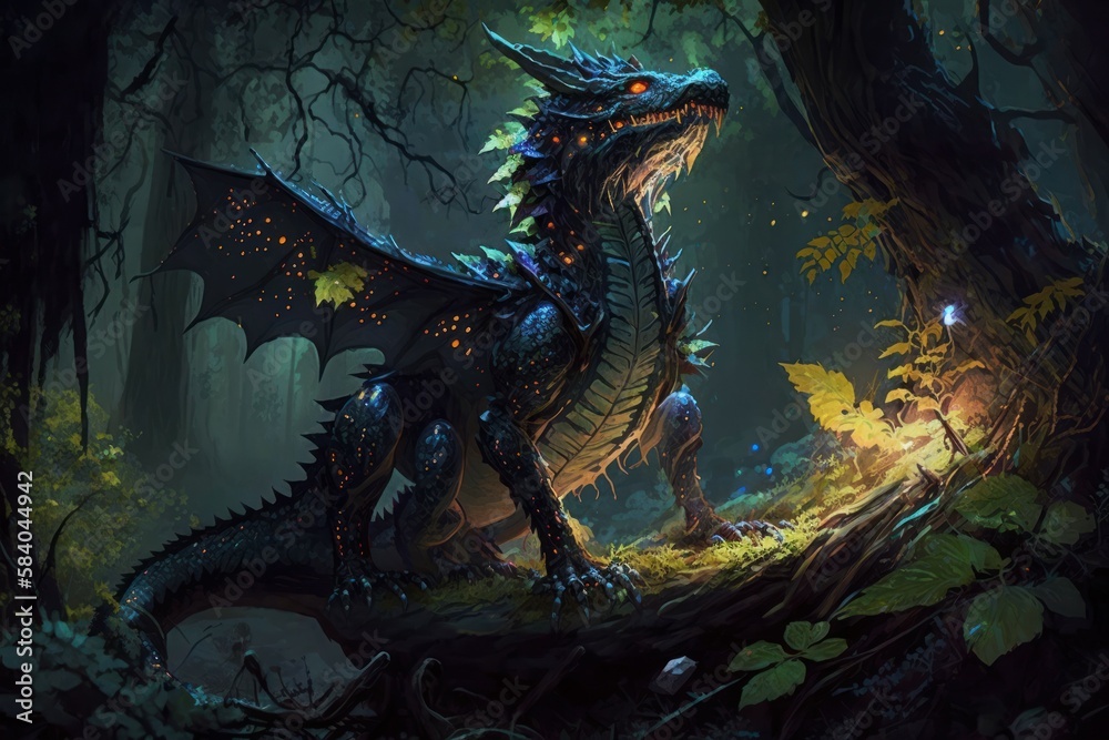 Beautiful dragon in the night forest, selective focus. AI generated ...