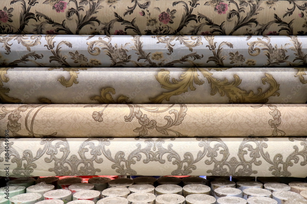 Colorful rolls of wallpaper as background, Close up wall paper, vinyl ...