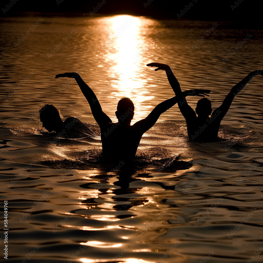 synchronized swimming, sunset, water, sea, beach, boat, sun, lake ...