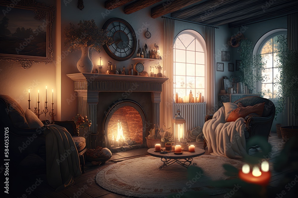 cozy living room with fire burning in the fireplace and warm light of ...