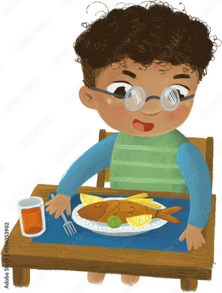 cartoon scene with boy eating healthy dinner fried fish illustration ...