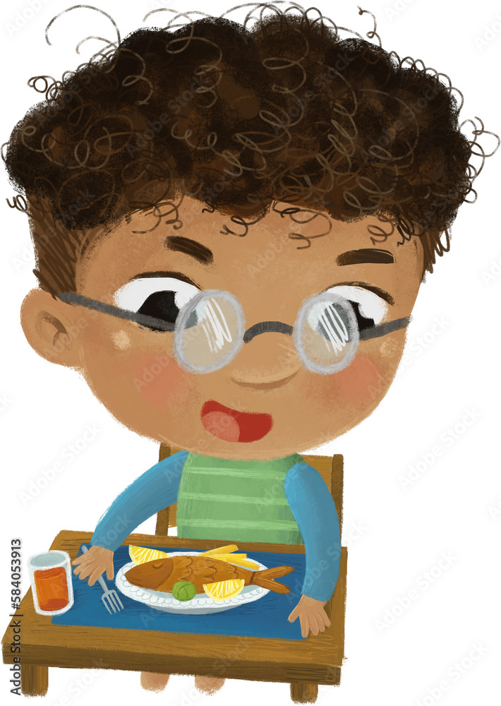 cartoon scene with boy eating healthy dinner fried fish illustration ...