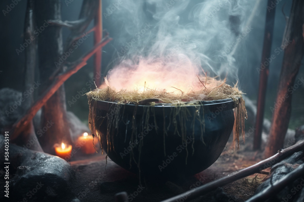 Witch's cauldron with smoke and potion ingredients Halloween background ...