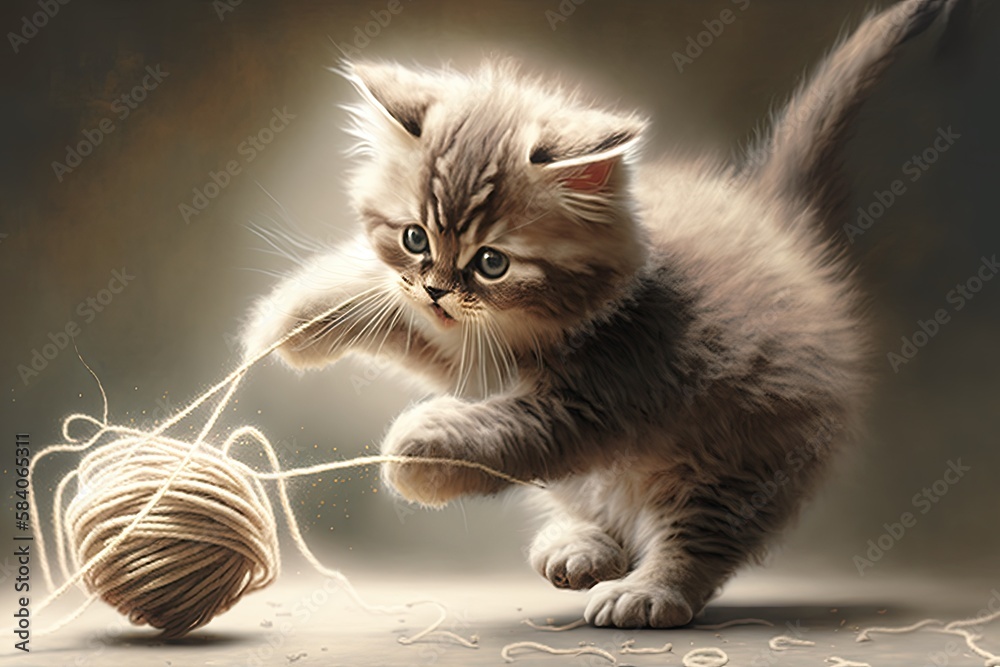 kitten chasing a ball of string, playfully biting and pawing at it ...