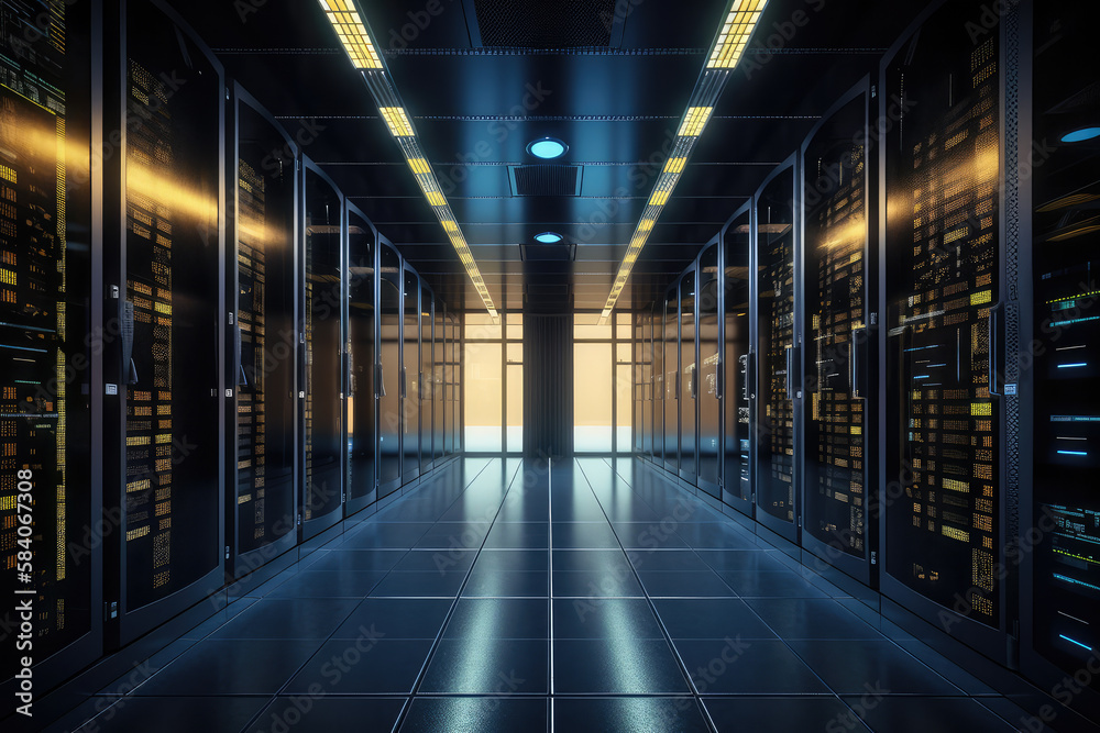 3D rendering of a modern high-tech server room with powerful database ...