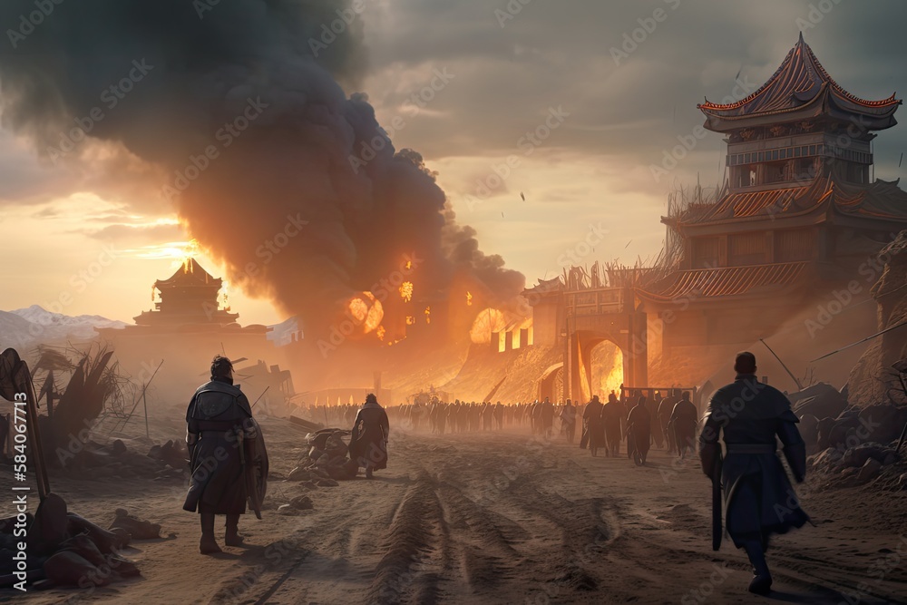 Genghis Khan and his Mongolian generals and warriors fighting under the ...