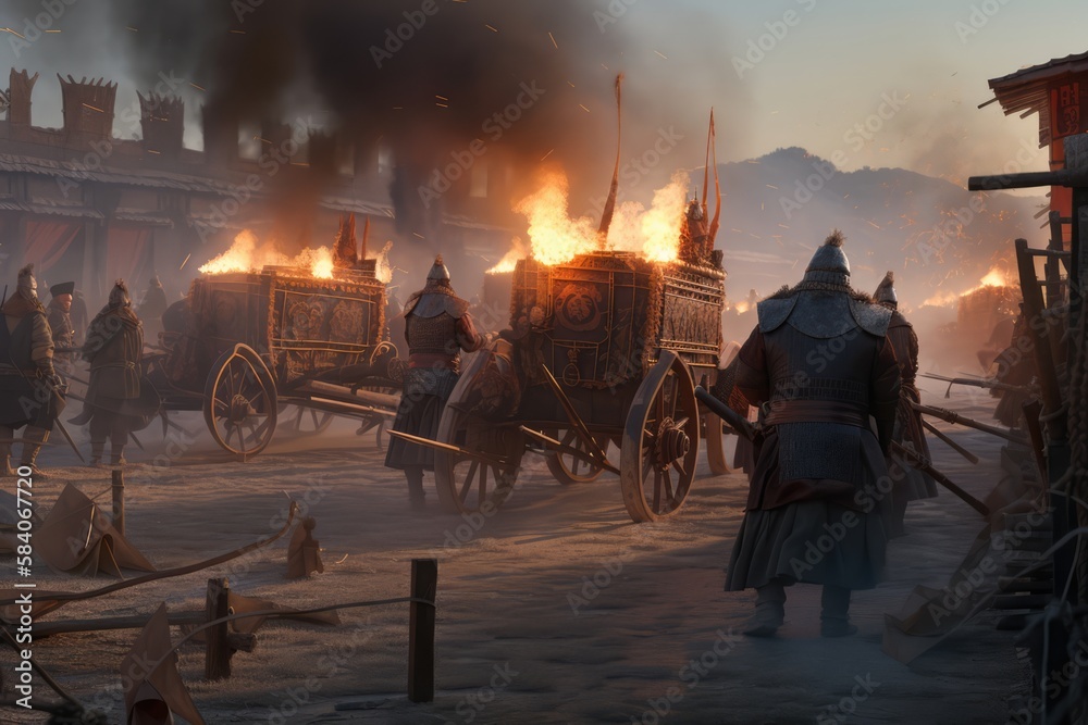 Genghis Khan and his Mongolian generals and warriors fighting under the ...