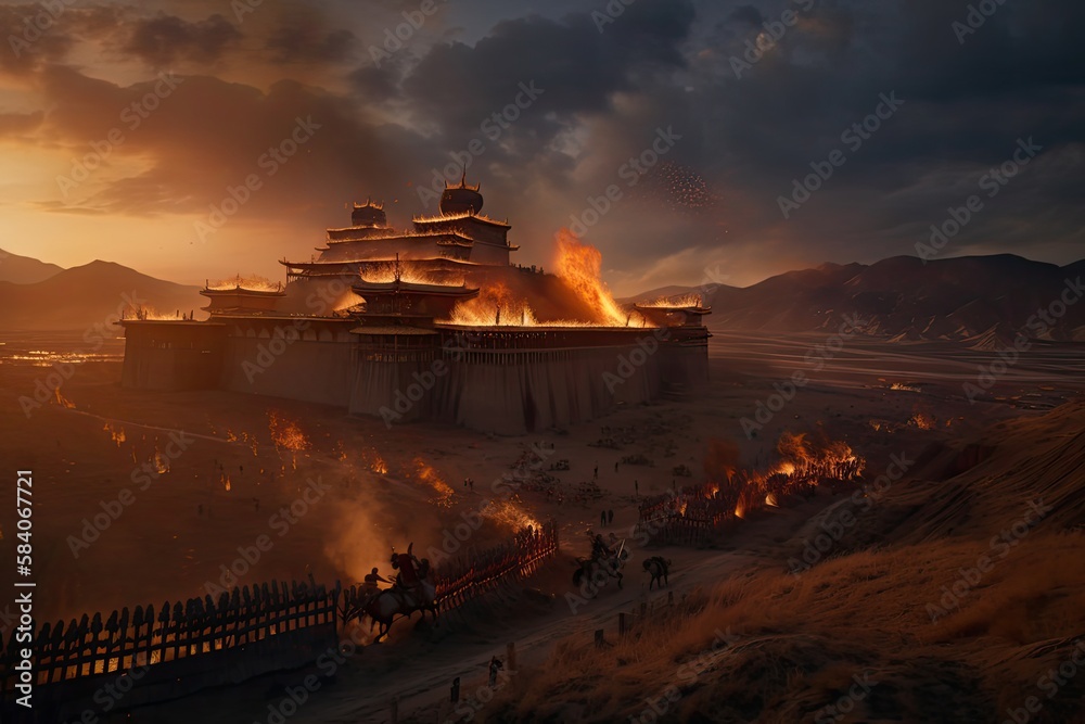 Genghis Khan and his Mongolian generals and warriors fighting under the ...