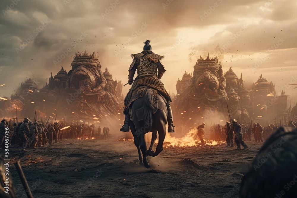 Genghis Khan and his Mongolian generals and warriors fighting under the ...