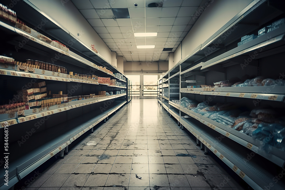Empty shelves and shortage of food in supermarket. Goods crisis concept ...