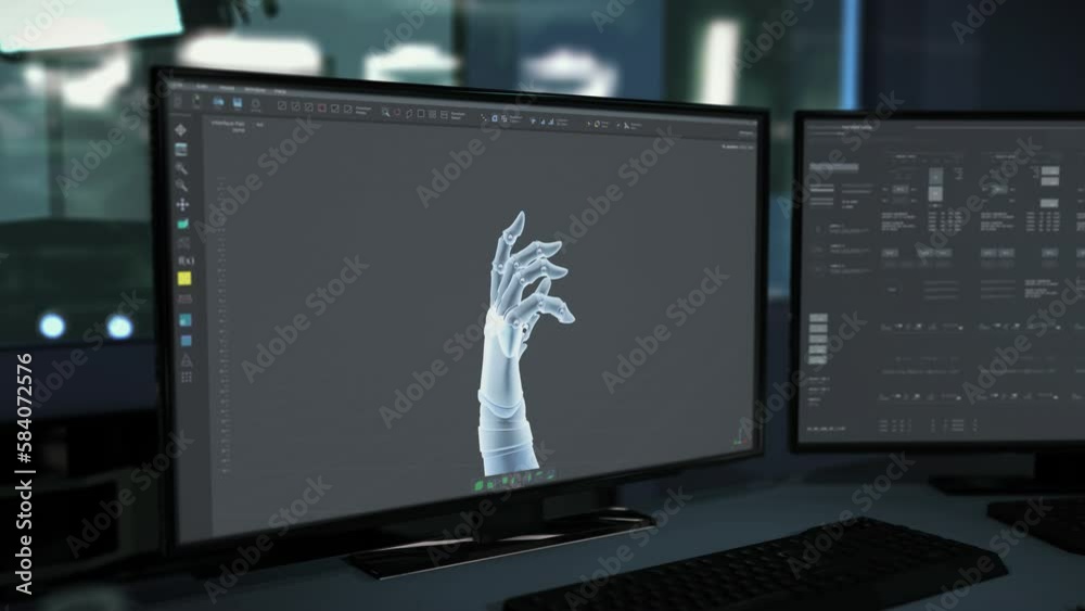 Designer connecting the parts of the robotic hand using the computer ...