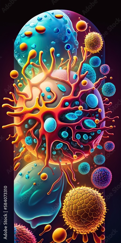 immune system with colorful cells antibodies and viruses showing battle ...