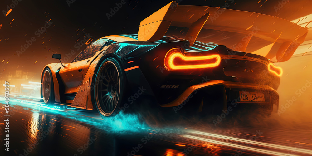 cyberpunk racing car drifting, highspeed driving, mega cybercity ...