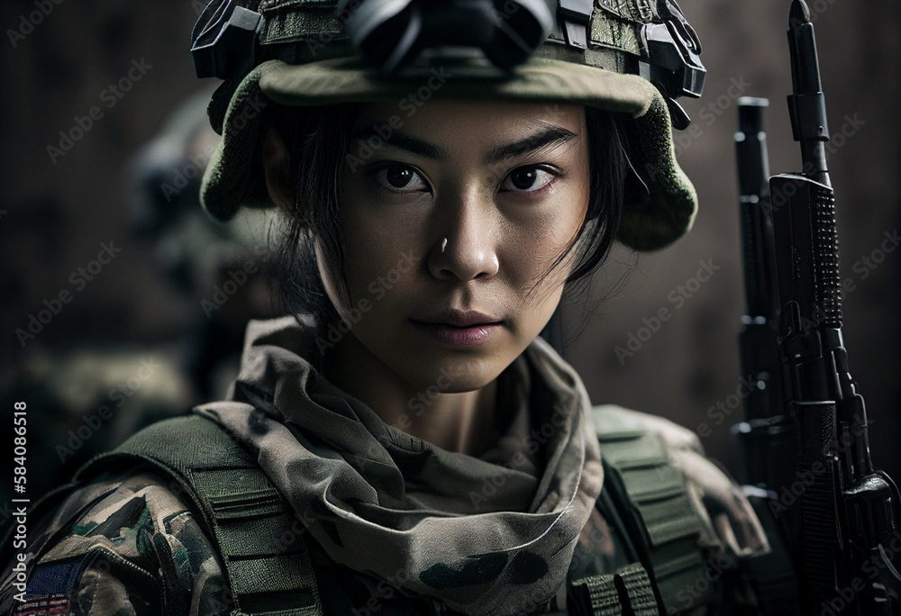 Portrait of asian woman Army soldier in Protective Combat Uniform ...