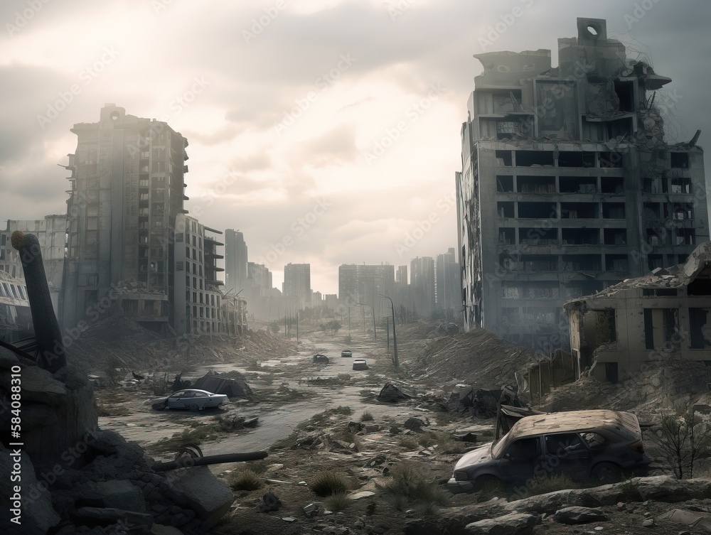 Post-apocalyptic ruined deserted city. Destroyed buildings, destroyed ...