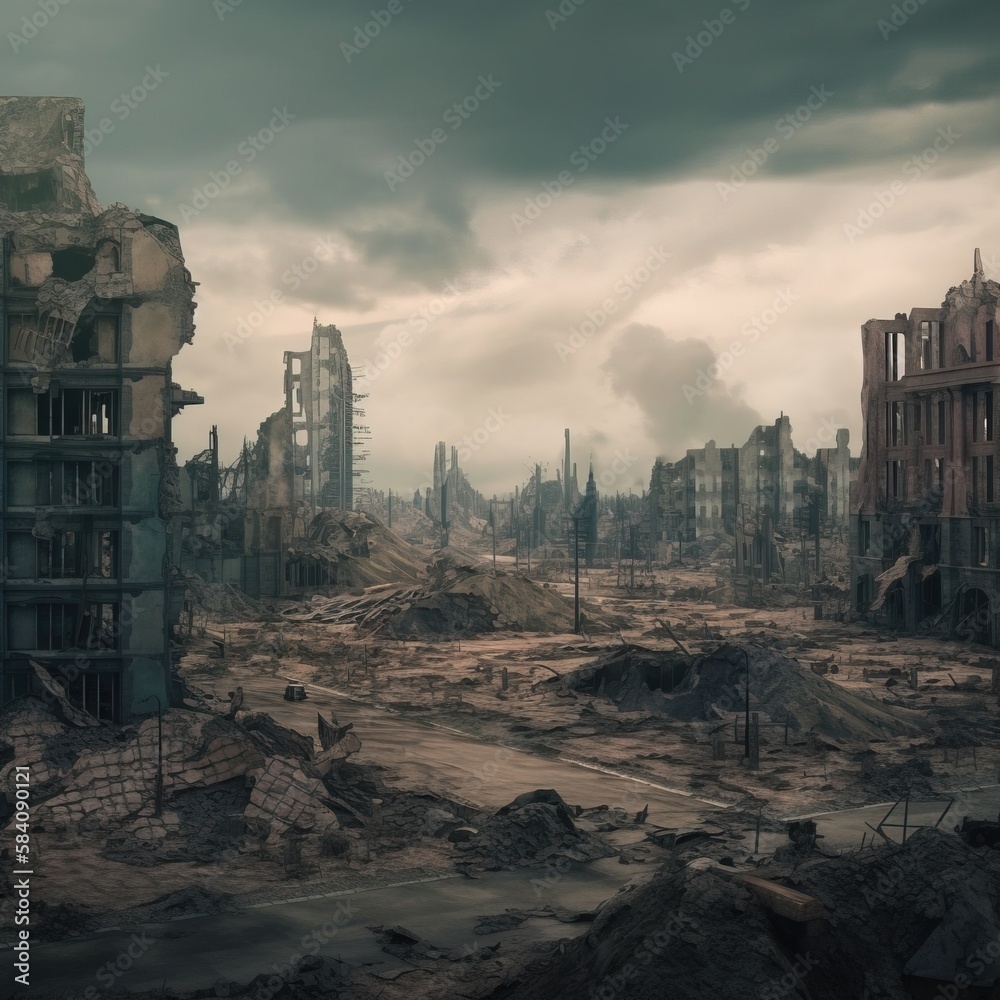 Post-apocalyptic ruined deserted city. Destroyed buildings, destroyed ...
